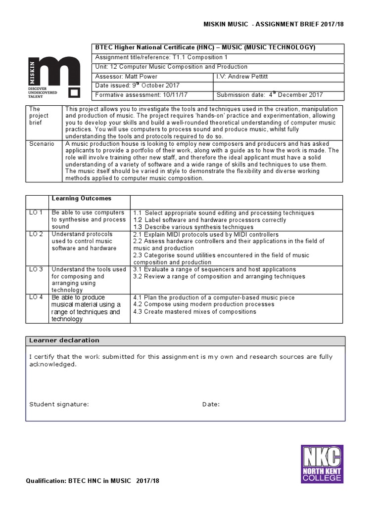 BTEC HNC Unit 12 Brief Computer Music Composition | PDF | Creativity ...