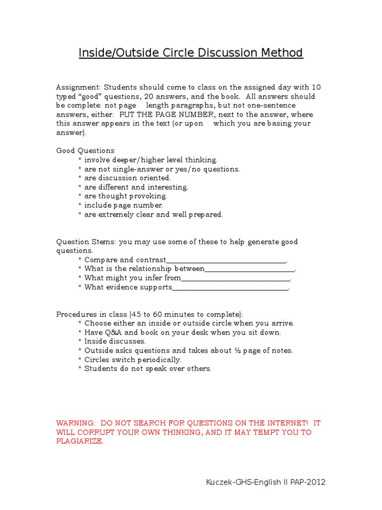 Inside/Outside Circle Discussion Guide | PDF | Career & Growth | Self ...