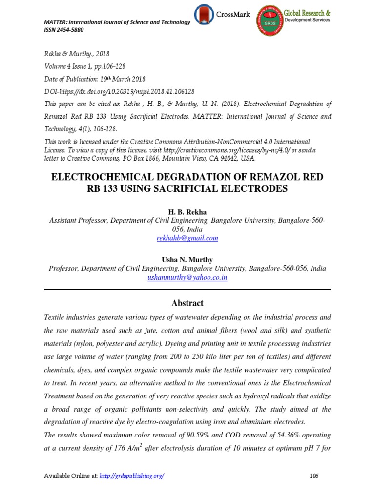 Electrochemical Degradation of Remazol Red RB 133 Using Sacrificial ...