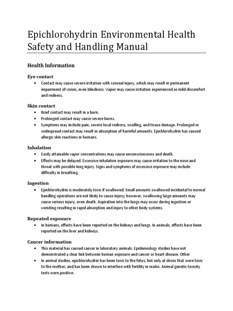 Epichlorohydrin Handling and Safety Manual | PDF | Toxicity | Personal ...
