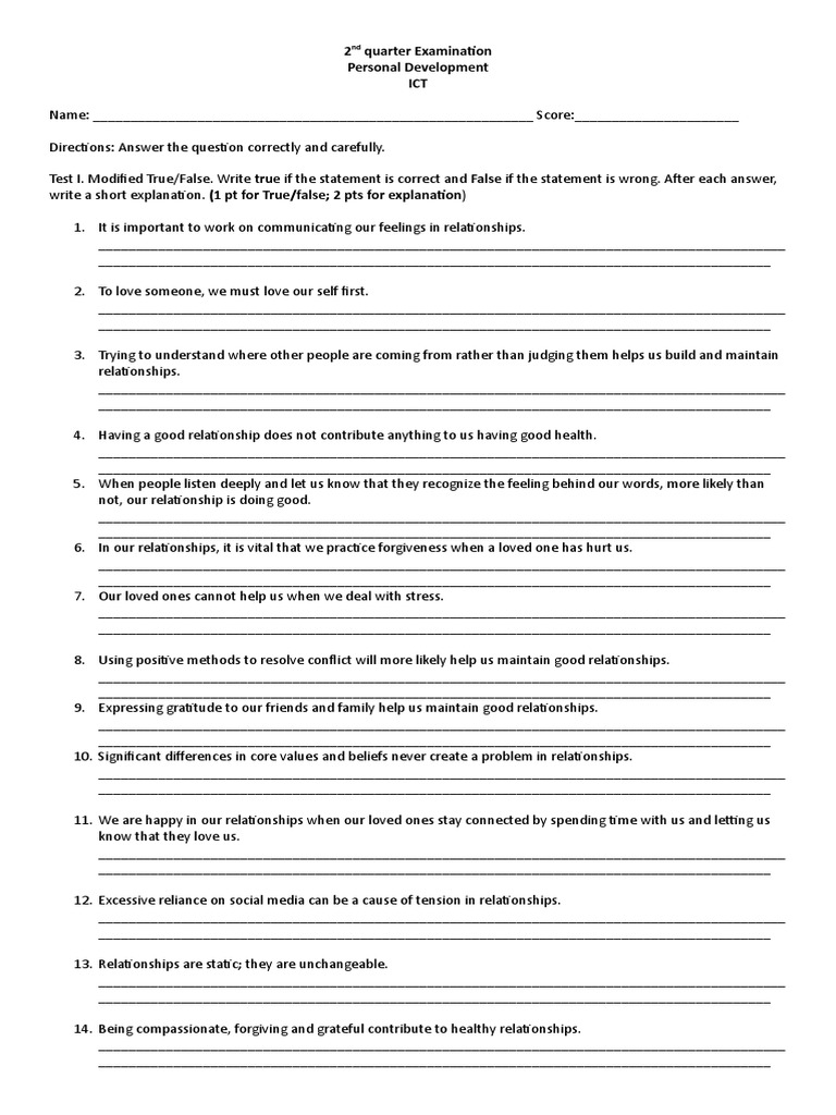 Personal Development Exam | PDF | Forgiveness | Test (Assessment)