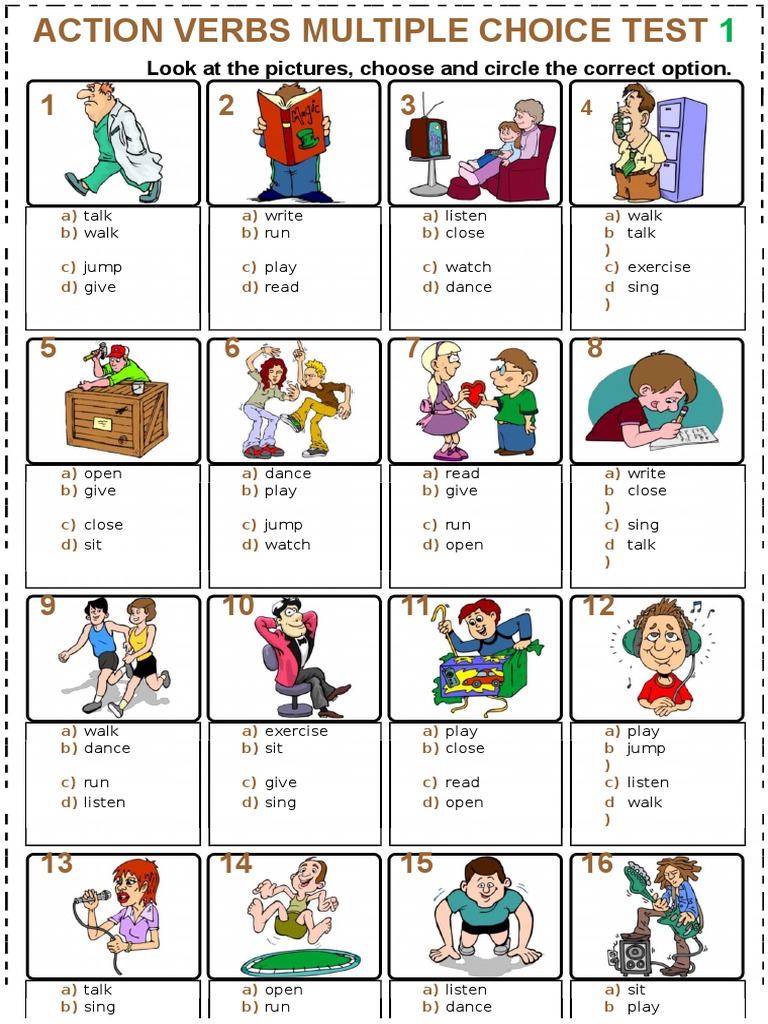 Action Verbs Vocabulary Esl Multiple Choice Tests For Kids | PDF ...