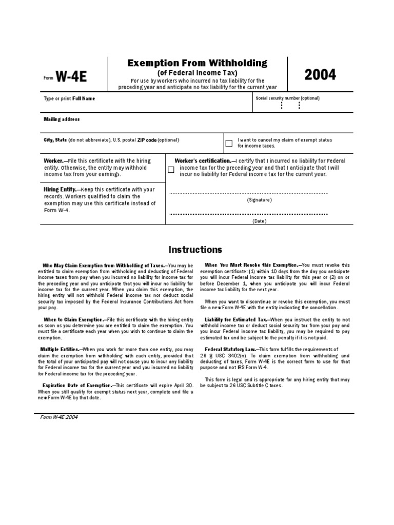 Domain Form W4E 2004 | Income Tax In The United States | Tax Exemption