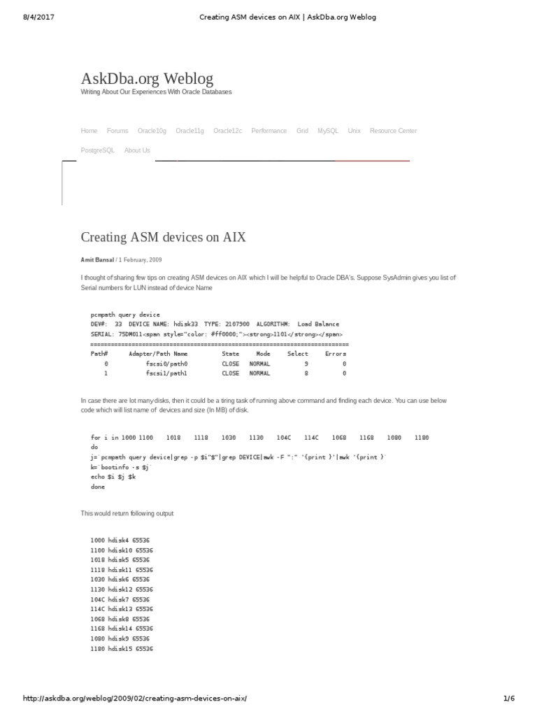Creating ASM Devices On AIX - AskDba | PDF | Oracle Database | System Software