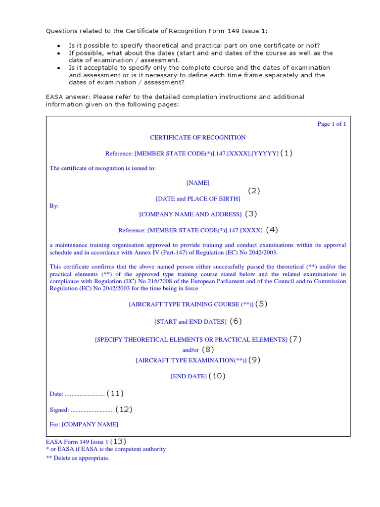 EASA Form 149: Certificate of Recognition | PDF | Government | Business