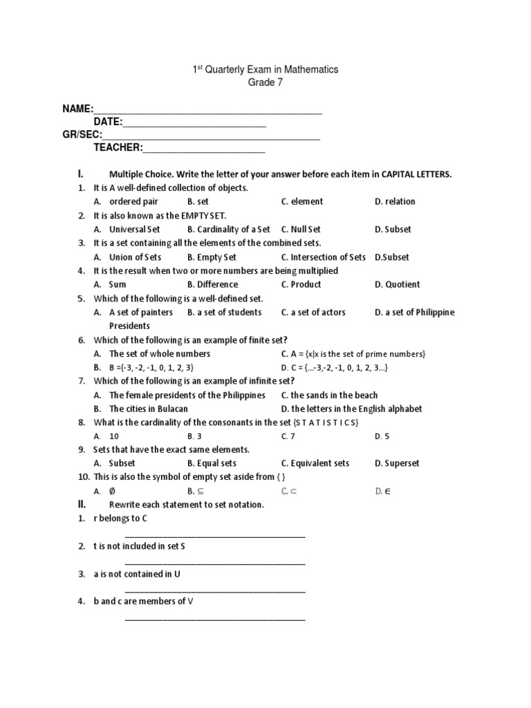 1st Quarterly Exam in Mathematics 7 | PDF | Empty Set | Set (Mathematics)