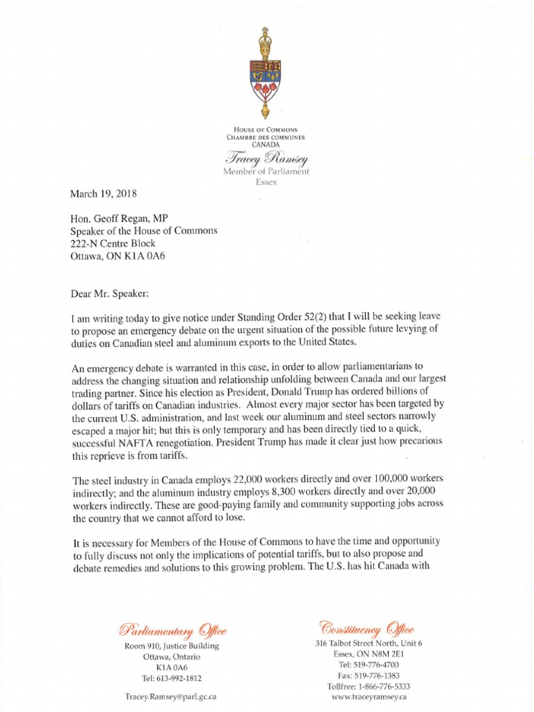 NDP Letter Requesting Emergency Debate On Steel, Aluminum Tariffs | PDF