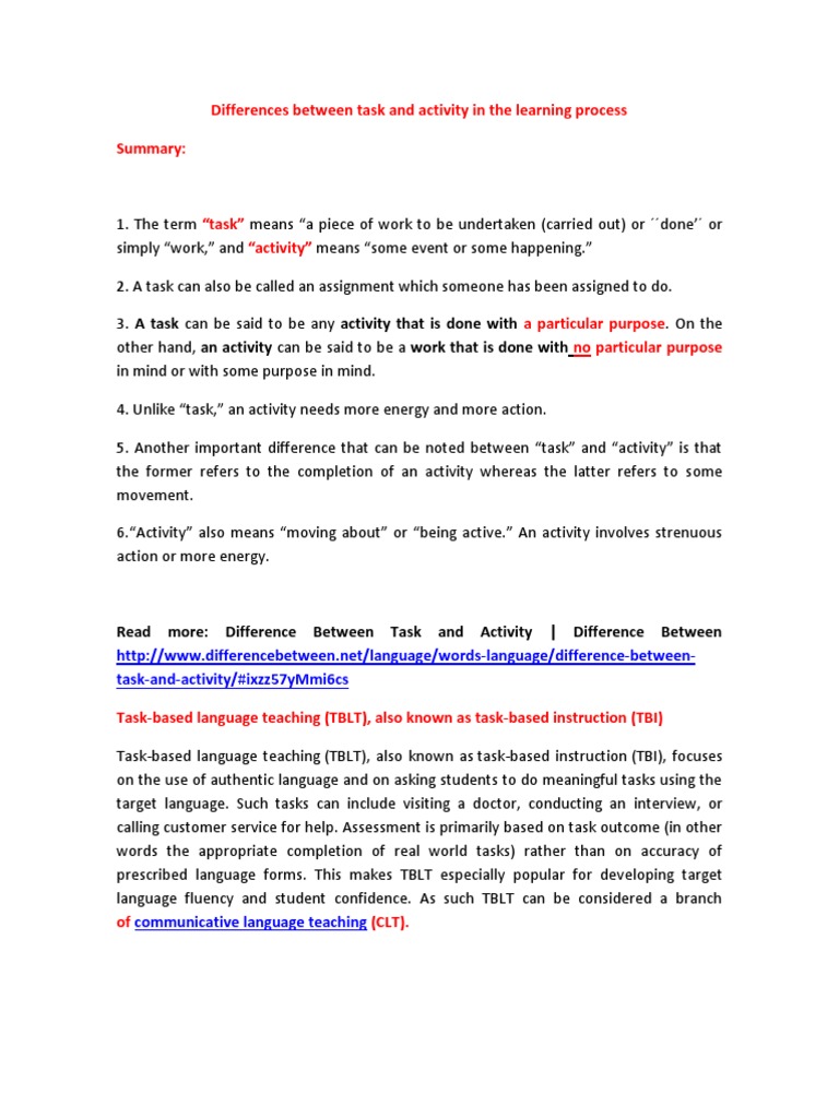 Differences Between Task and Activity in The Learning Process | PDF ...