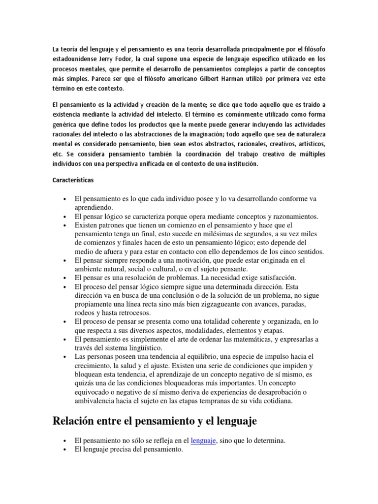 La Teoría Del Lenguaje y El Pensamiento Es Una Teoría Desarrollada ...