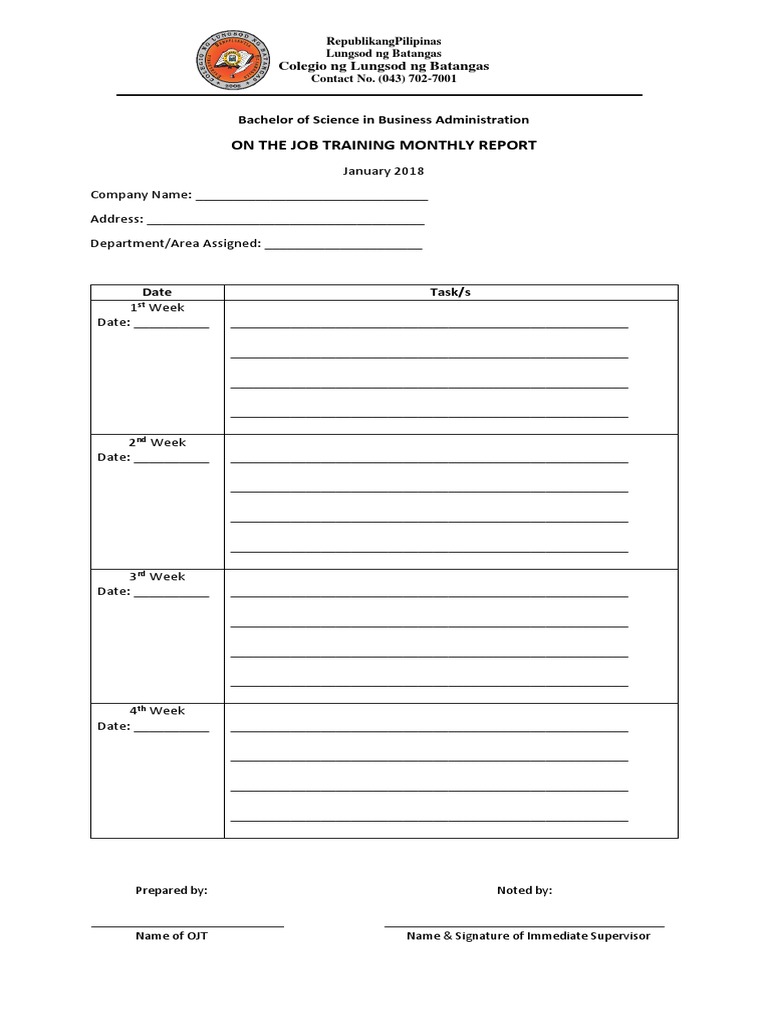 On The Job Training Monthly Report: Colegio NG Lungsod NG Batangas | PDF