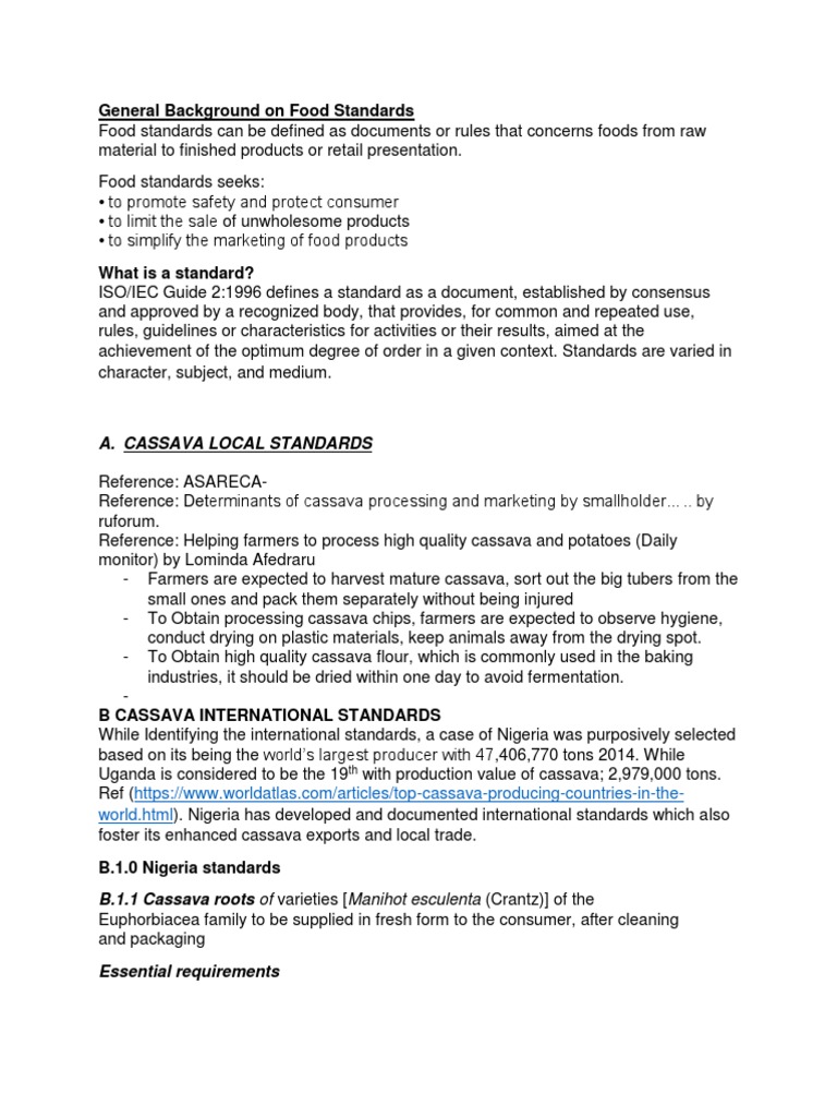 General Background On Food Standards: A. Cassava Local Standards ...