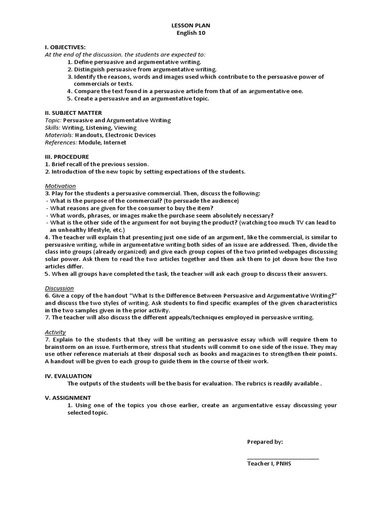 LESSON PLAN Persuasive Writing | PDF | Lesson Plan | Teachers
