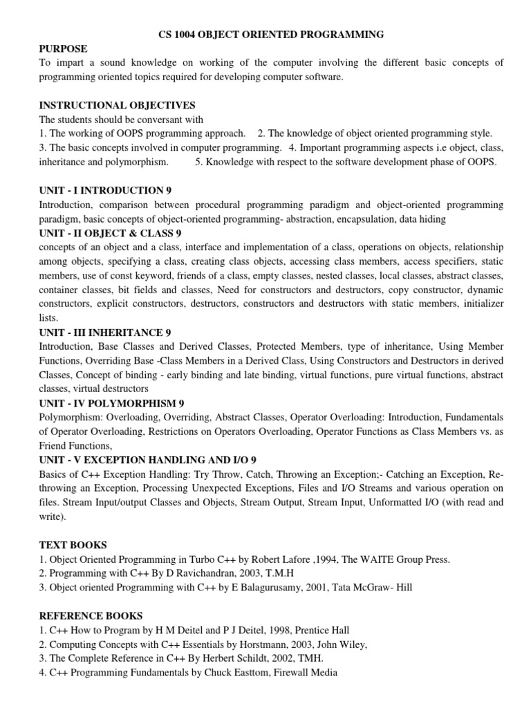 Cs 1004 Oops Syllabus | PDF | C++ | Class (Computer Programming) Cs 1004 Oops Syllabus | PDF | C++ | Class (Computer Programming)
