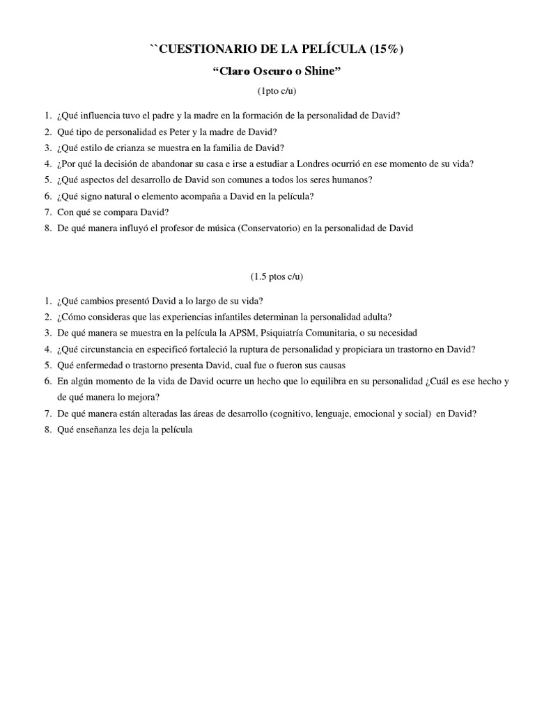 Cuestionario Sobre La Pelicula Claro Oscuro | PDF