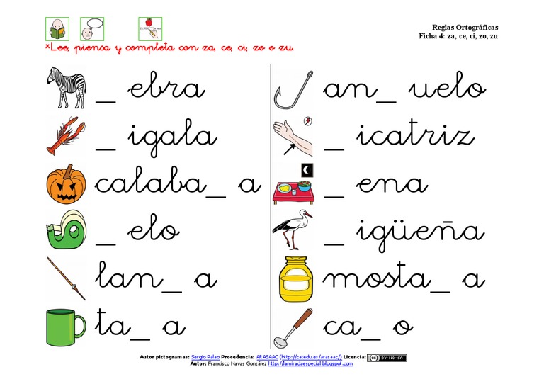 Ficha 4 - Reglas Ortográficas: za, ce, ci, zo, zu (ARASAAC)