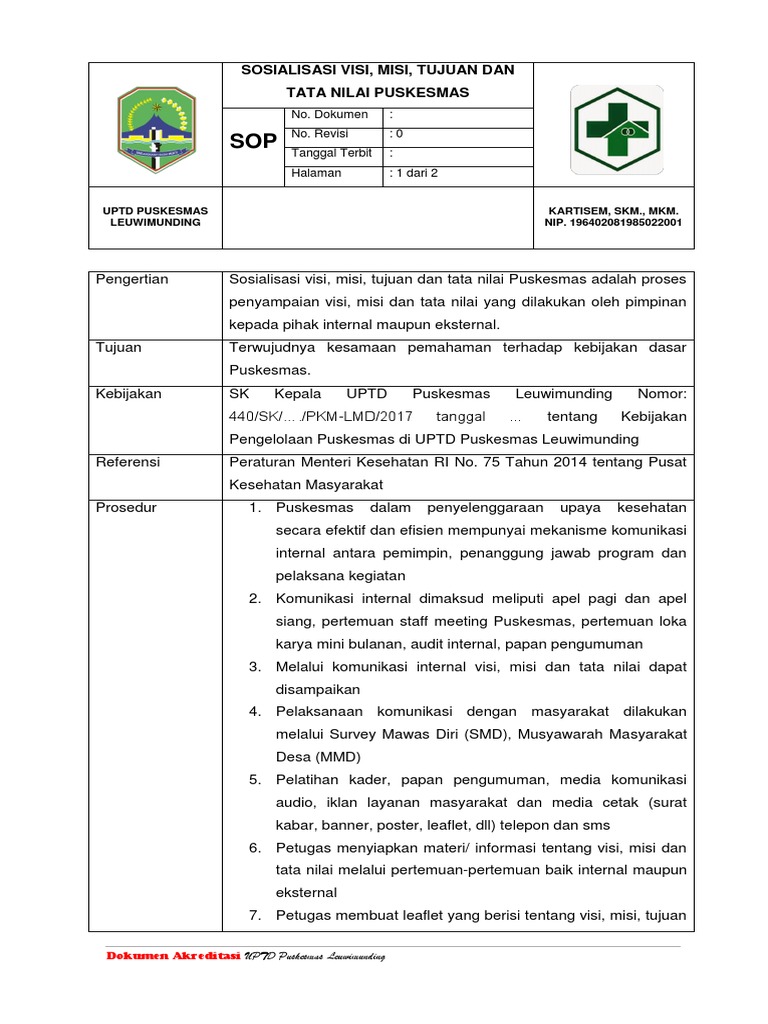 Sop Sosialisasi Visi Misi Tujuan Dan Tata Nilai Puskesmas | PDF