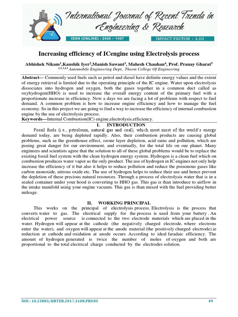 Electrolysis Boosts IC Engine Efficiency | PDF | Internal Combustion ...