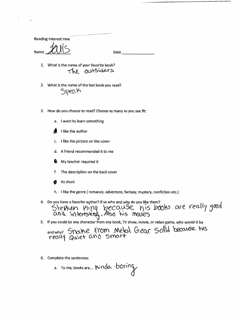 English 10 Reading Interest Inventory 1 | PDF | Leisure