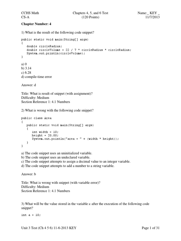 Unit 3 Test (Ch 4 5 6) 11-6-2013 KEY | C (Programming Language ...