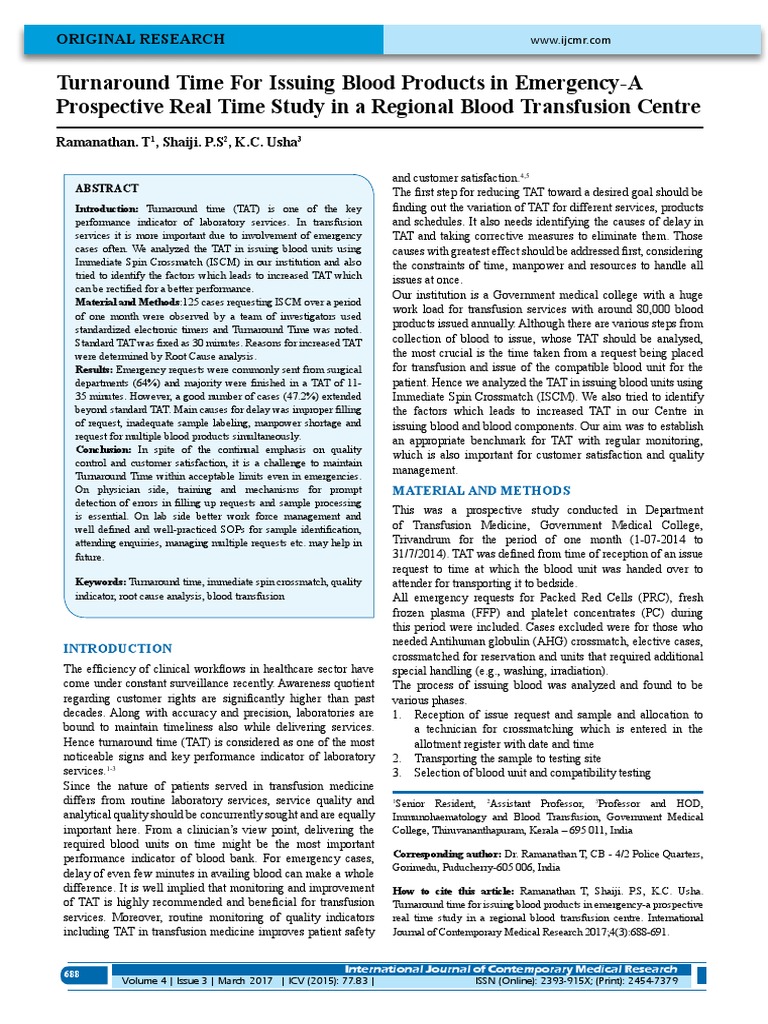 TAT For Issuing Blood Products in Emergency | PDF | Blood Transfusion ...