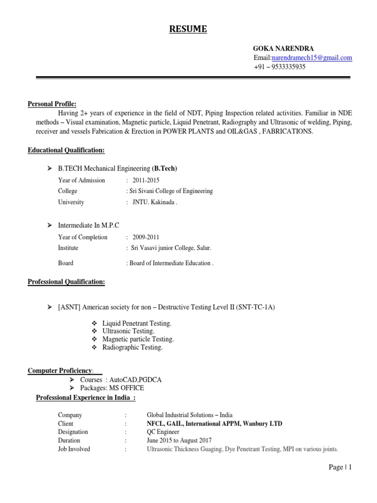Resume of Narendra B.tech NDT | PDF | Nondestructive Testing | Industries