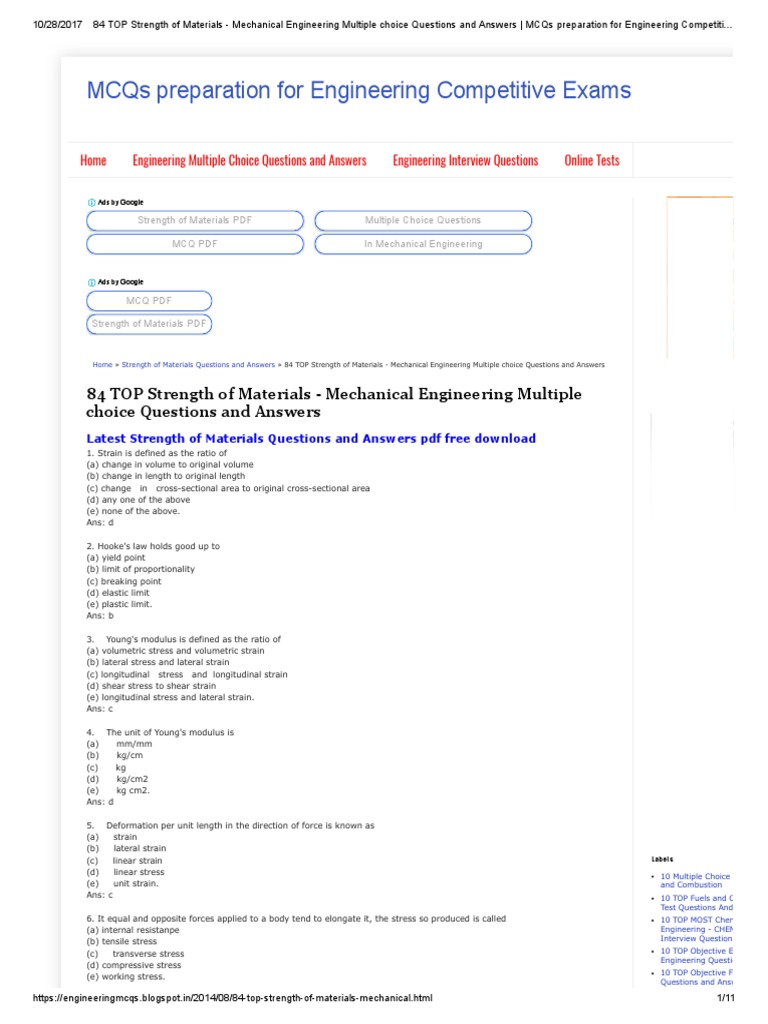 84 Top Strength of Materials Question and Answers | PDF | Strength Of ...