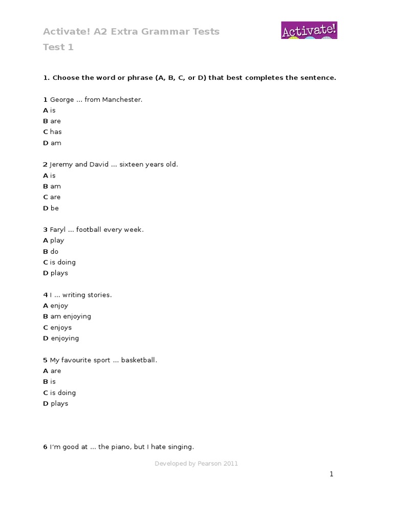 Activate A2 Grammar Test - 1 | Download Free PDF | Leisure