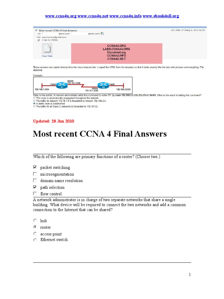 Most Recent CCNA 4 Final Answers: WWW - Ccna4u.info | PDF | Routing | Router (Computing)