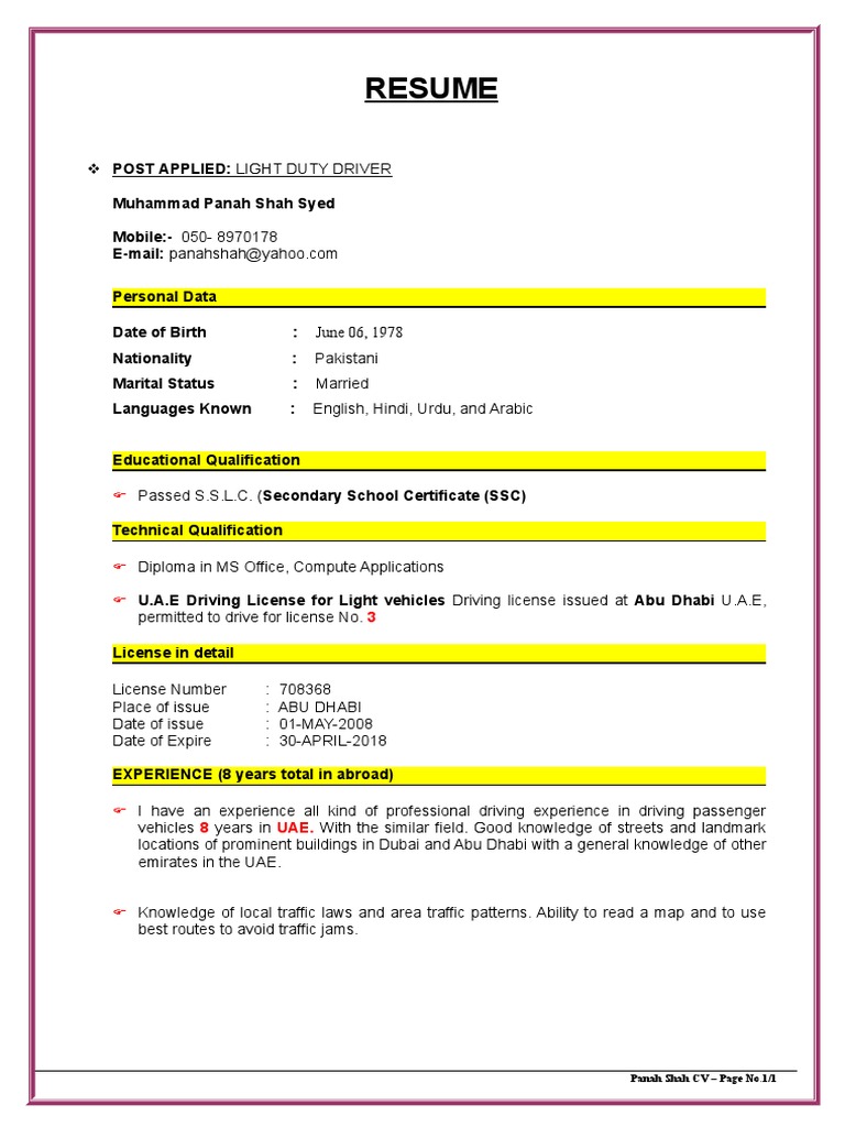 Panah Driver CV | PDF | United Arab Emirates | Driving