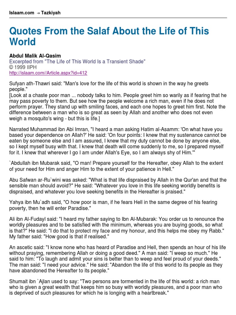 Salaf Quotes on Life's Transience | PDF | Afterlife | Religious Belief ...