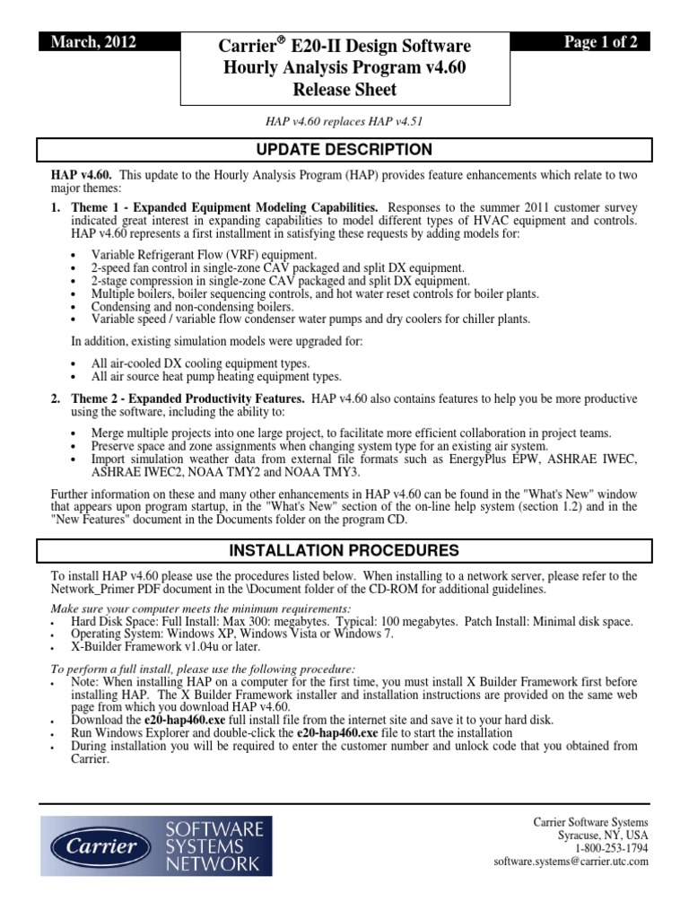 Carrier E20-II Design Software Hourly Analysis Program v4.60 Release Sheet | PDF | Installation ...