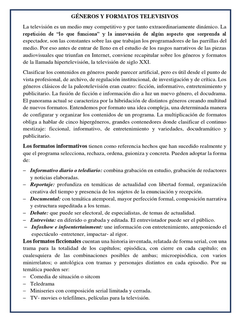 Géneros y Formatos Televisivos | PDF | Publicidad | Televisión