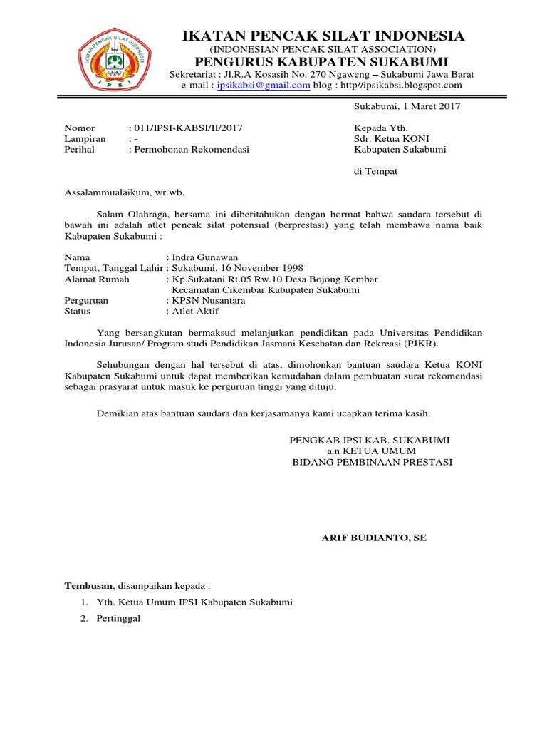 Surat Rekomendasi Masuk Perguruan Tinggi | PDF