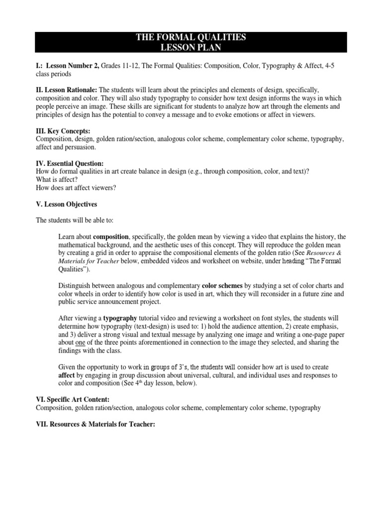 The Formal Qualities Lesson Plan | PDF | Typography | Composition ...