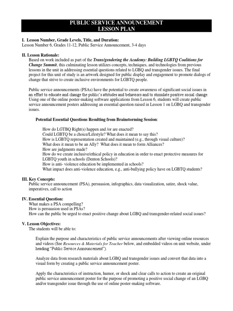 Public Service Announcement Lesson Plan | PDF | Critical Thinking ...