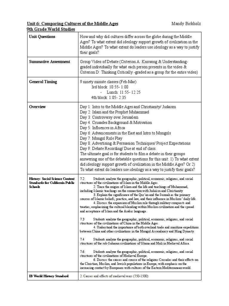 Unit Outline - Comparing Cultures of The Middle Ages | PDF | Middle ...