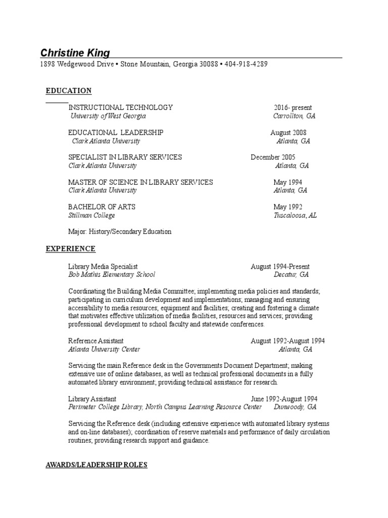 Christine King Resume | PDF | Georgia (U.S. State) | Libraries