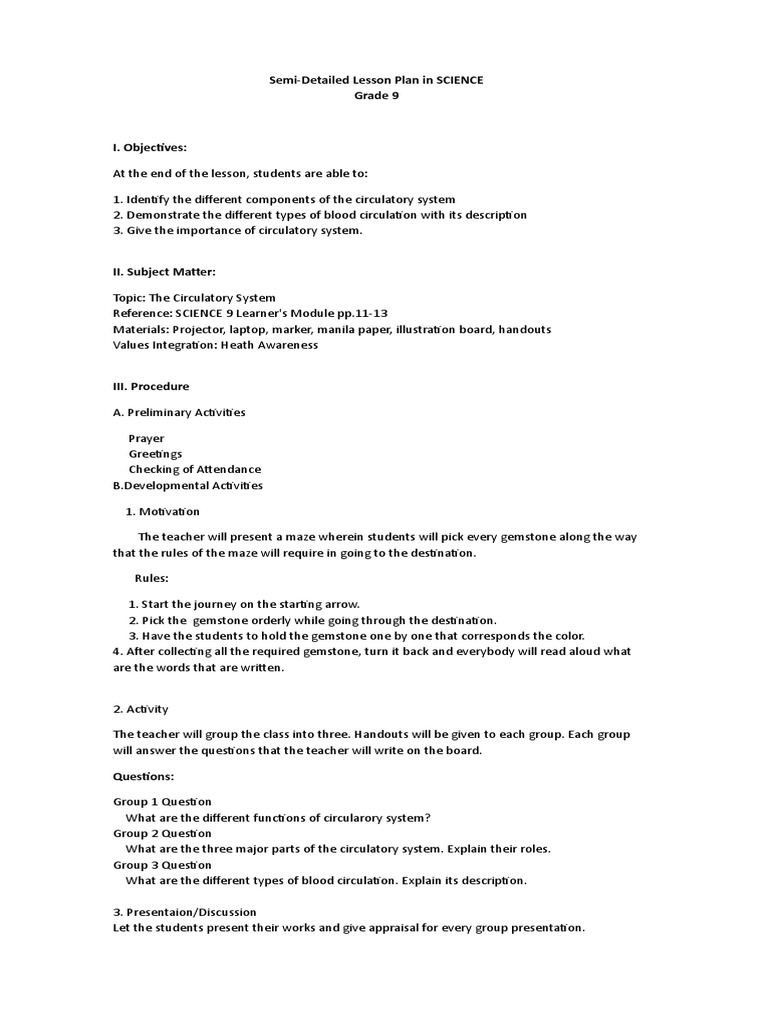 Semi-Detailed Lesson Plan in SCIENCE Grade 9 | PDF | Circulatory System ...