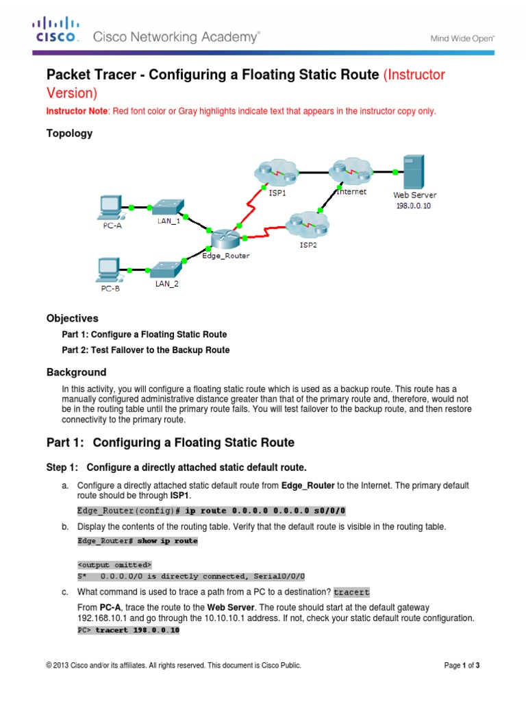 6434 Packet Tracer Configuring A Floating Static Route Instructions Pdf Pdf Routing