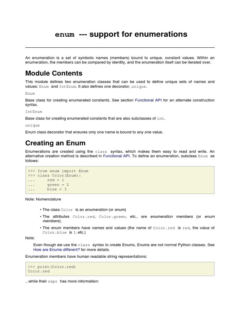 Support For Enumerations: Module Contents | PDF | Data Type | Class (Computer Programming)