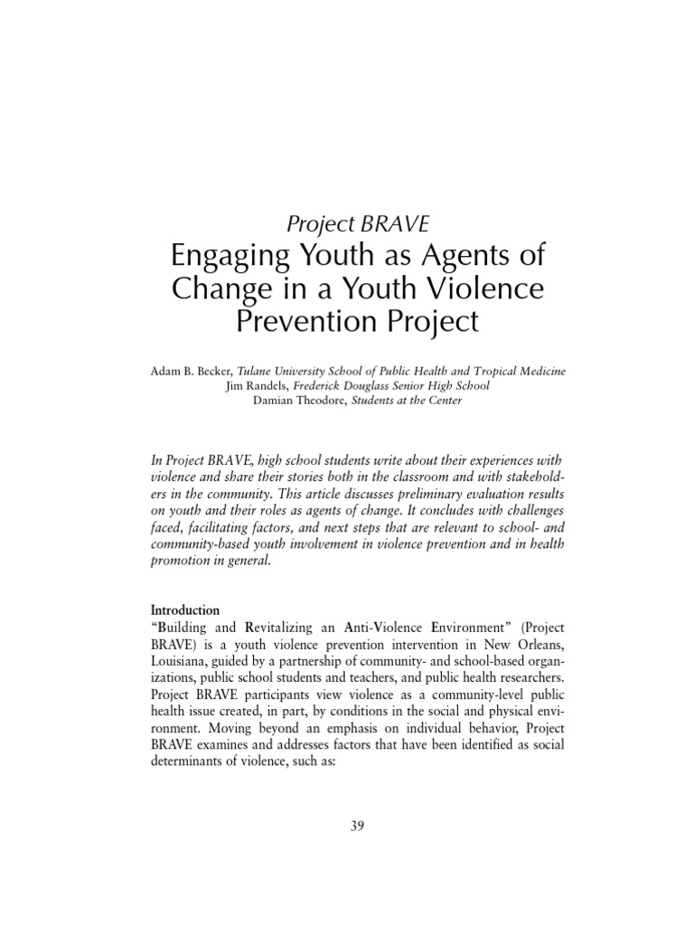 Engaging Youth As Agents of Change in A Youth Violence Prevention ...