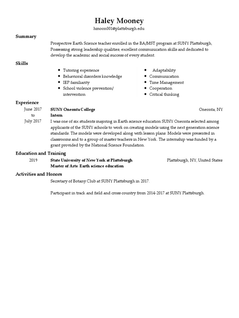 Haley Mooney: SUNY Oneonta College Intern | PDF