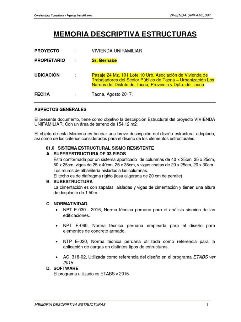 Memoria Descriptiva Estructuras - Sist. Aporticado | PDF | Fundación (Ingeniería) | Ligero