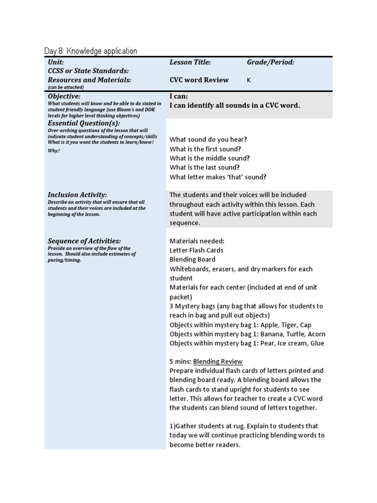 Day 8: Knowledge Application: Unit: CCSS or State Standards: Resources ...
