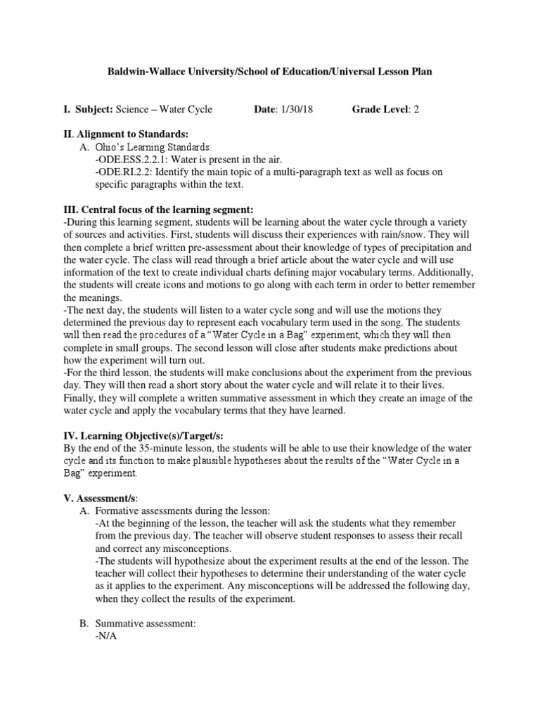 Baldwin-Wallace University/School of Education/Universal Lesson Plan ...