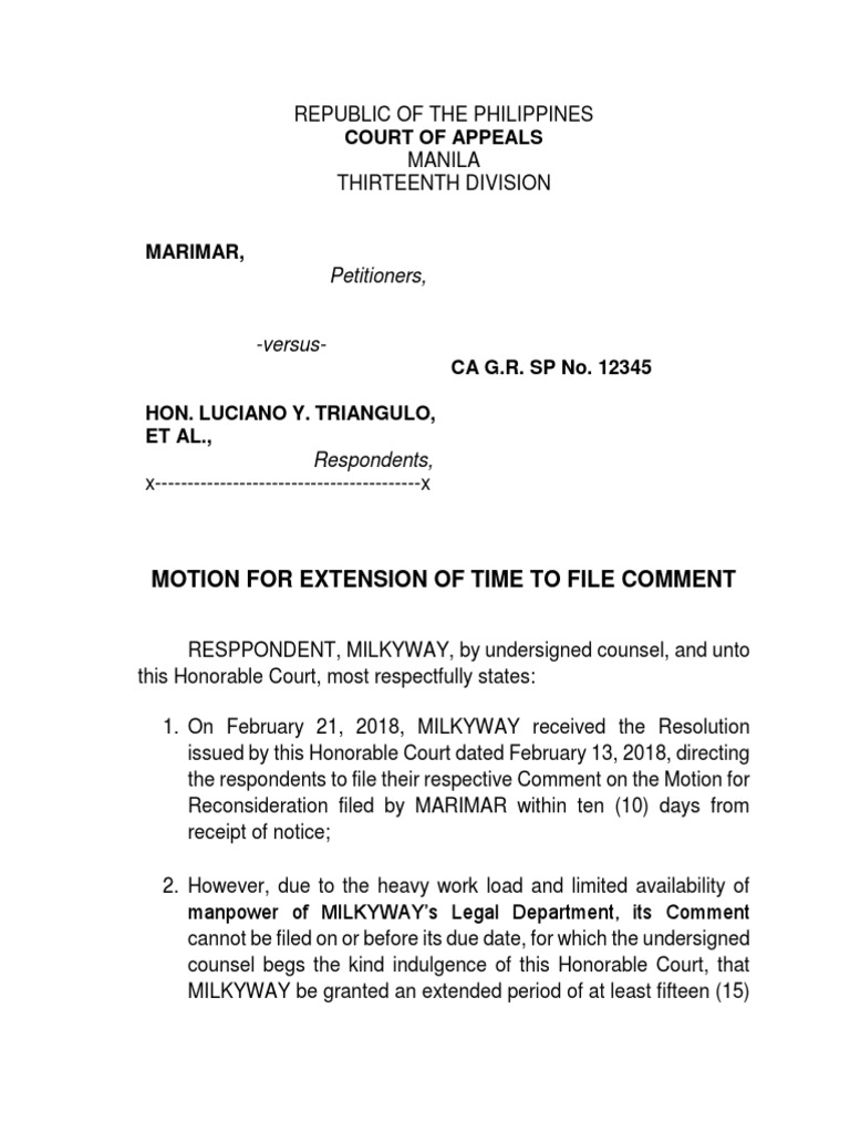 Motion For Extension of Time To File Comment-Sample | PDF | Politics | Law