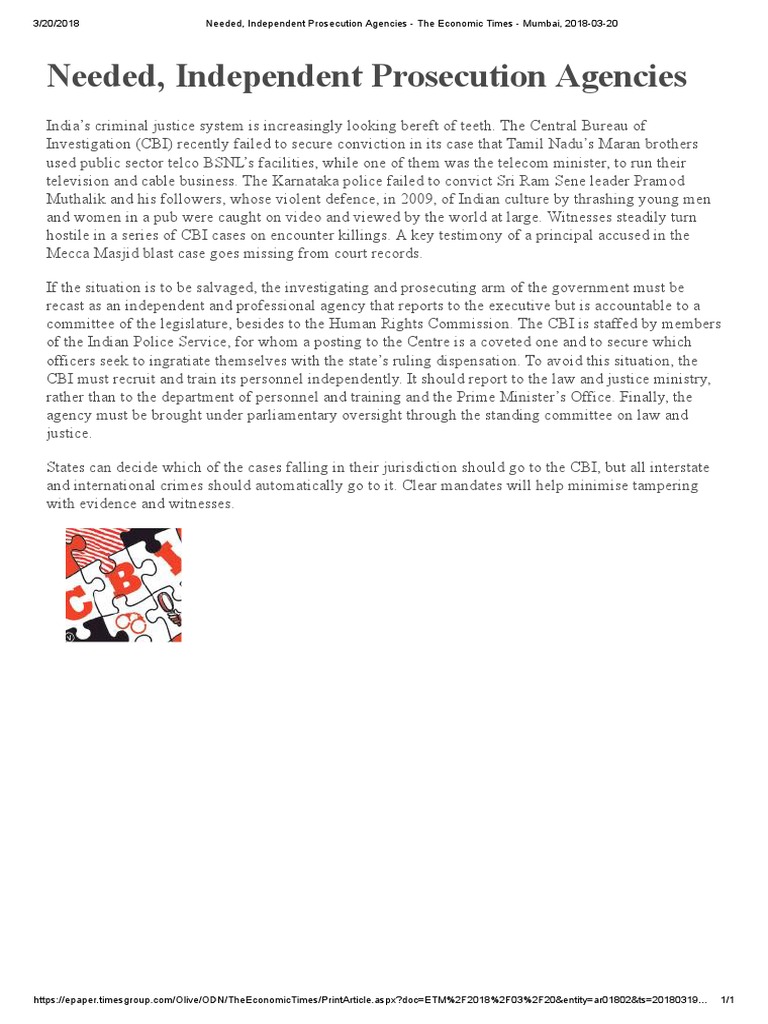 Needed, Independent Prosecution Agencies - The Economic Times - Mumbai ...