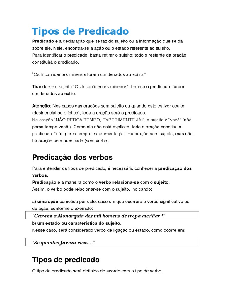 Tipos de Predicado | PDF | Predicado (gramática) | Assunto (gramática)