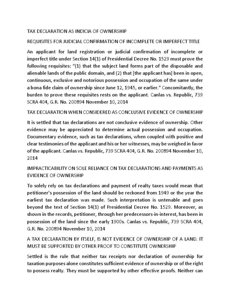 Tax Declaration As Ownership | PDF | Evidence | Ownership
