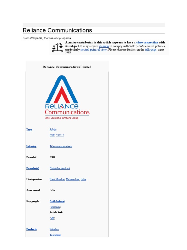 Reliance Communications: A Major Contributor To This Article Appears To ...